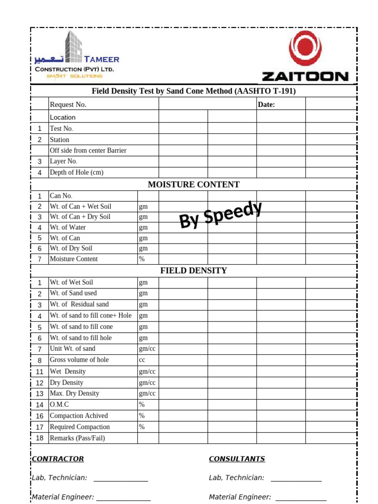 By Speed Y: Field Density Test by Sand Cone Method (AASHTO T-191) | PDF