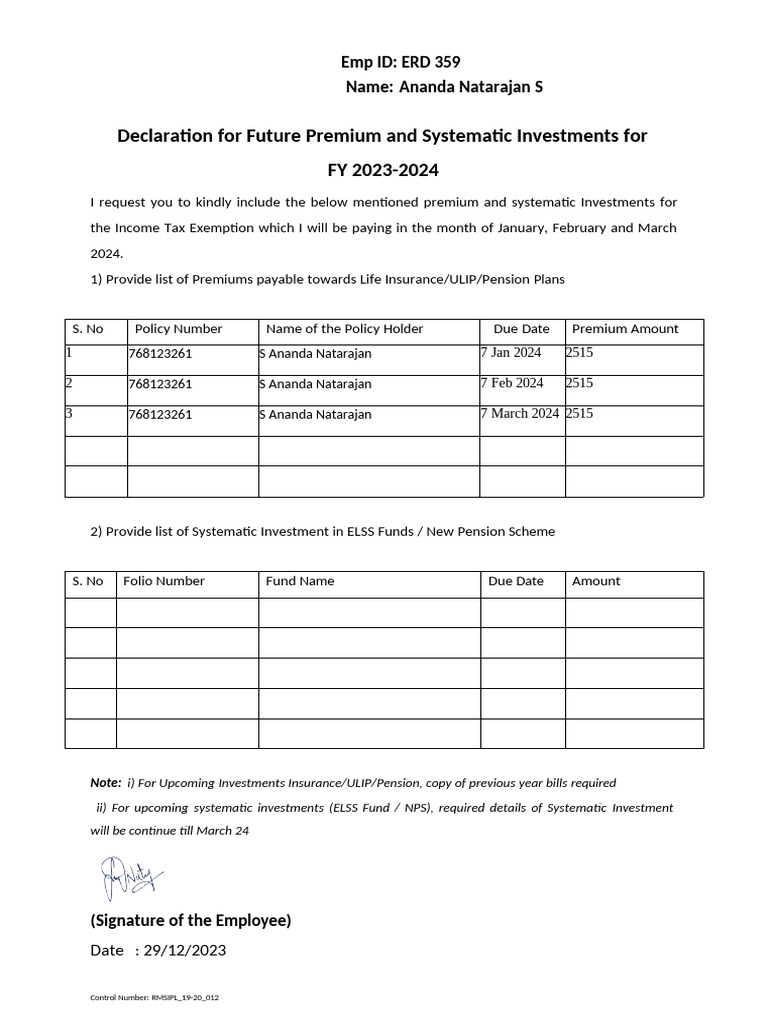Declaration For Future Premium and Systematic Investments For FY 2023 ...