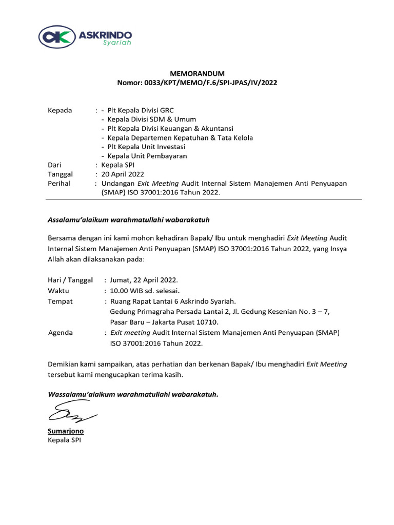 Memo Undangan Exit Meeting Audit Internal SMAP 37001 2016 (1) | PDF