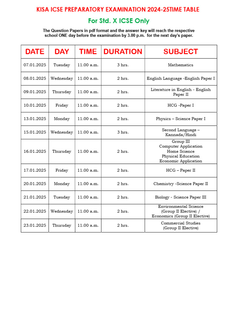 KISA ICSE - STD.X - Preparatory Time Table 24-25 PDF | PDF
