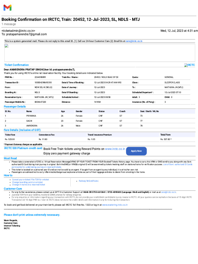 Gmail - Booking Confirmation On IRCTC, Train - 20452, 12-Jul-2023, SL ...