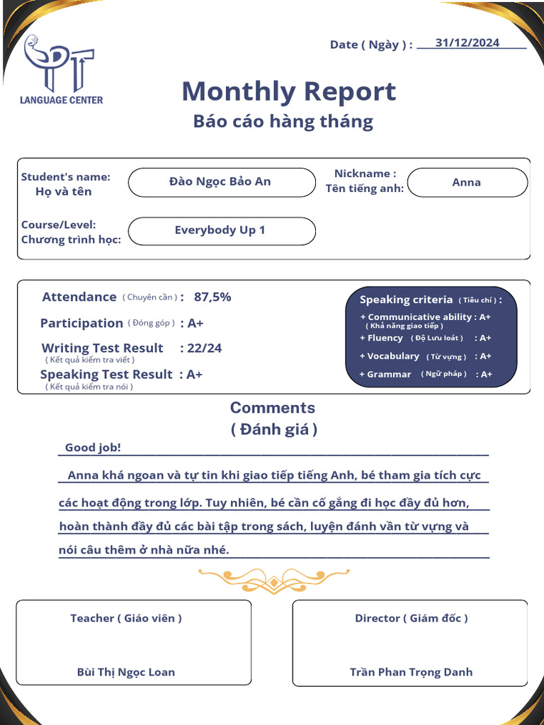 Student Report Card Up1 Jan25 | PDF