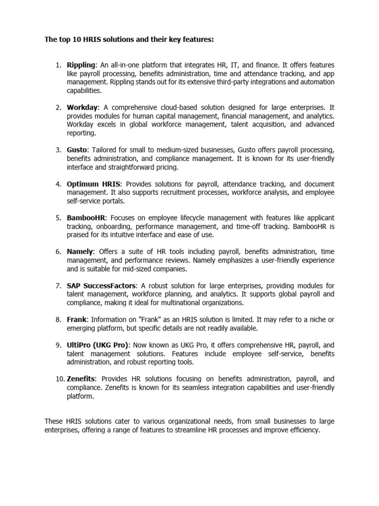 The Top 10 HRIS Solutions and Their Key Features (1) | PDF ...