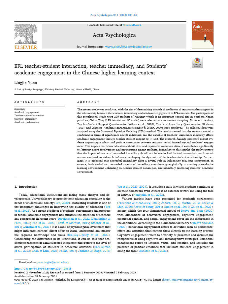 Teacher Immediacy and Student Engagement | PDF | Cognitive Science ...