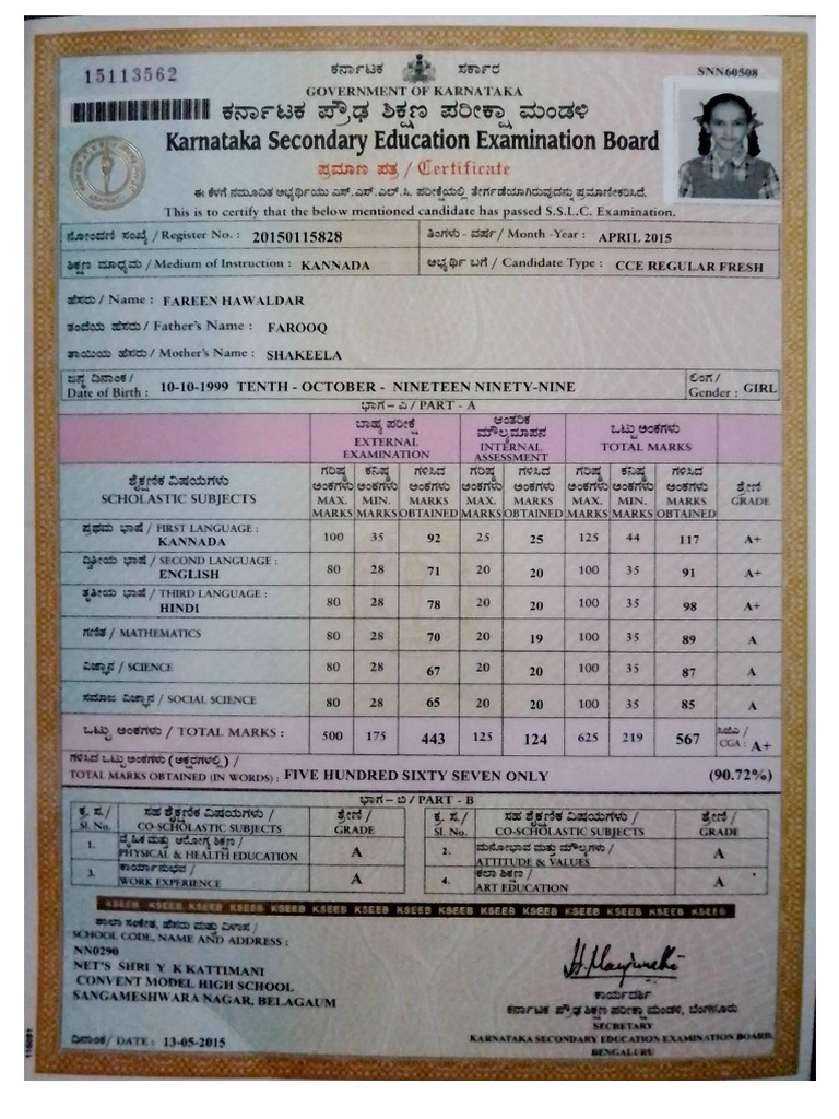 SSLC Marks Card | PDF