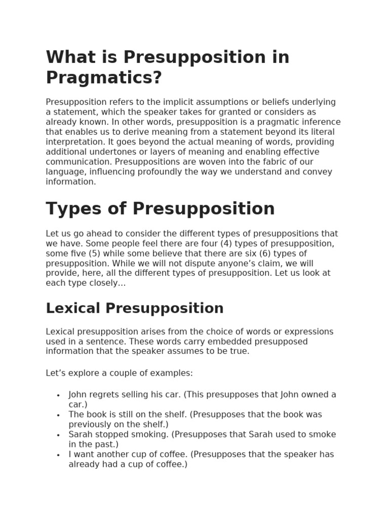 What Is Presupposition in Pragmatics | PDF | Grammar | Linguistics