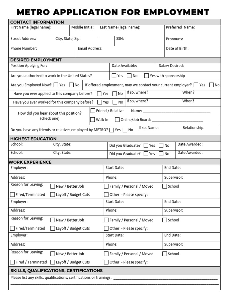 METRO Employment Application | PDF | Employment | Nolo Contendere