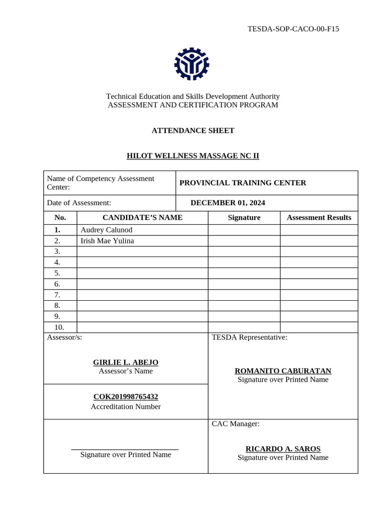 Hilot Wellness Massage NC II Attendance Sheet | PDF