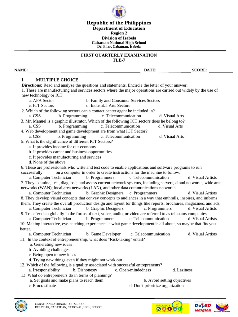 1st quarter Exam ICT | PDF | Arithmetic | Computing 1st quarter Exam ICT | PDF | Arithmetic | Computing