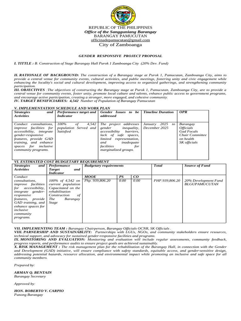 Gender Responsive Barangay Stage Proposal | PDF | Risk Management