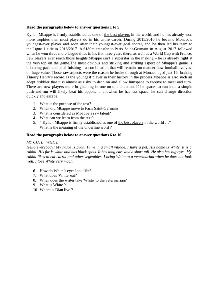 Read the paragraphs below to answer questions 1 to 5 | PDF