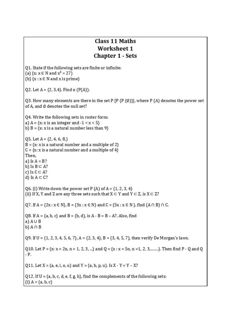 Cbse Sets Class 11 Worksheet | PDF