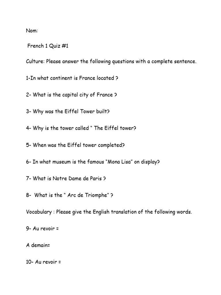 French 1 Quiz: Culture & Vocabulary | PDF