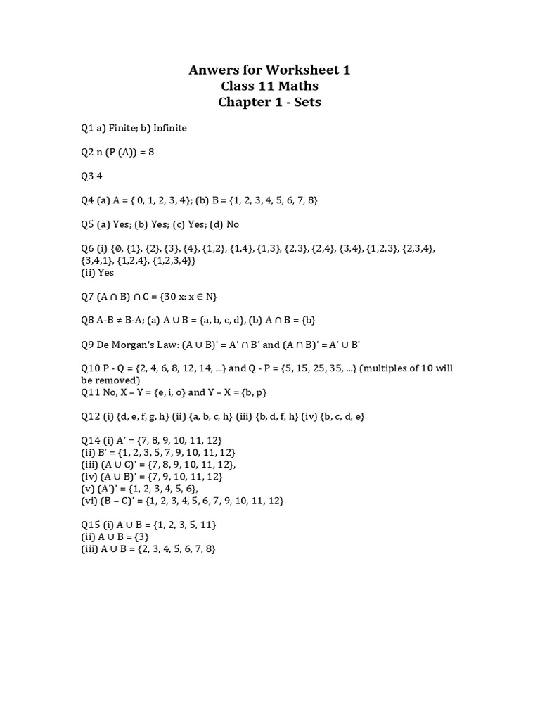 Class 11 Maths Sets Worksheet Answers | PDF