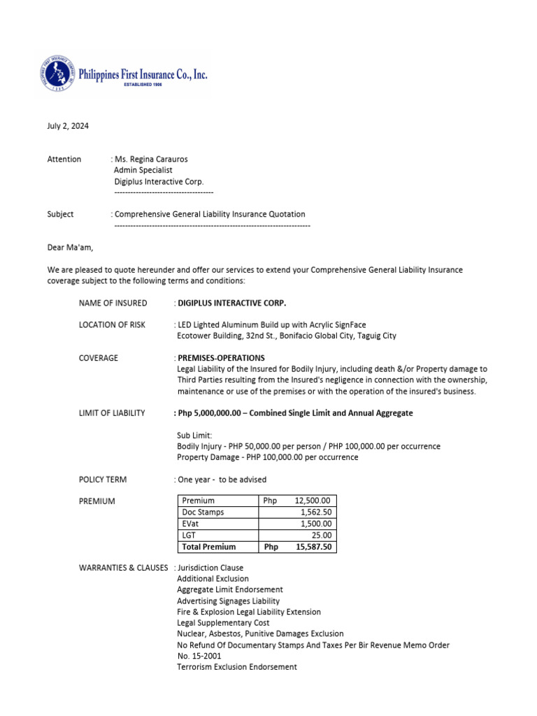 CGL Quotation-Digiplus Interactive Corp. | PDF | Insurance | Liability ...