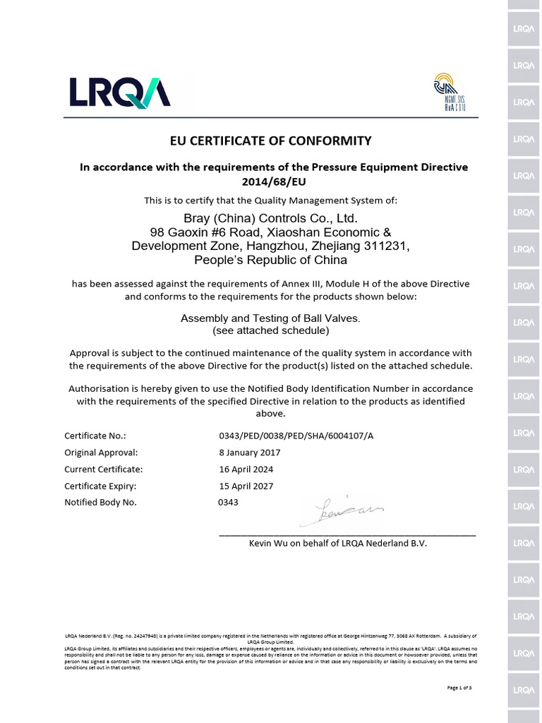 Ball Valve PED BCCH Certificate of Conformity | PDF | Legal Liability ...