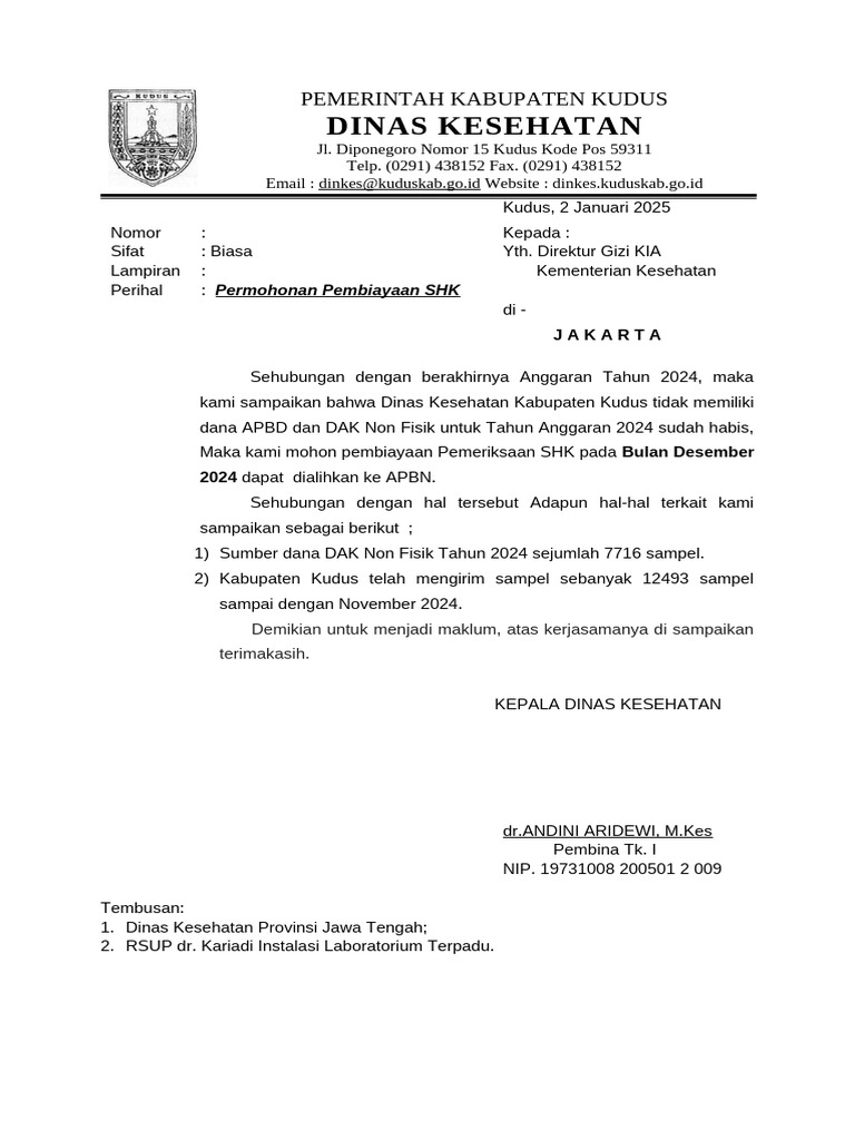 Surat Permohonan Pembiayaan APBN SHK - Dir Gizi KIA | PDF