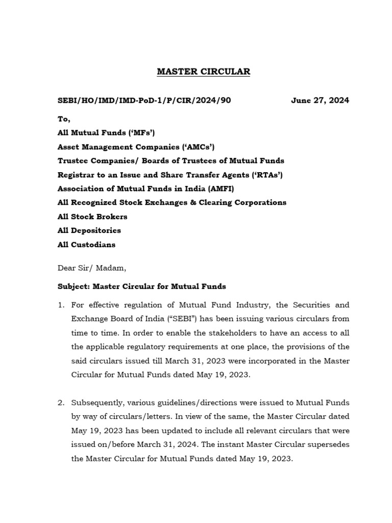 Updated SEBI Master Circular for MFs | PDF | Securities (Finance ...