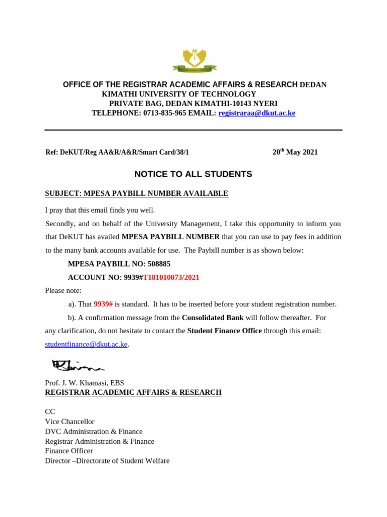 DeKUT MPESA Paybill Number for Fees | PDF