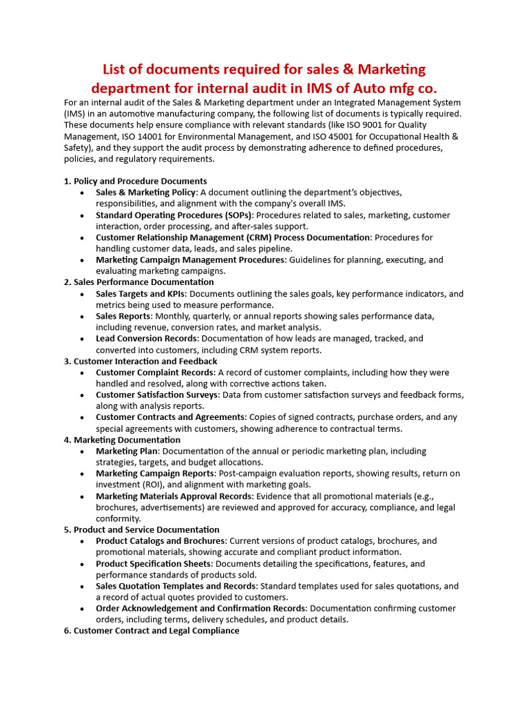 Sales & Marketing Audit Document List | PDF | Iso 9000 | Marketing