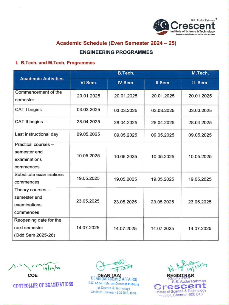 Academic Shedule B.Tech M Tech Programmes Even Sem 2024 25 | PDF