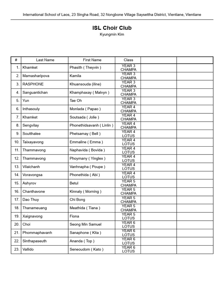 ISL Choir Club Member List | PDF