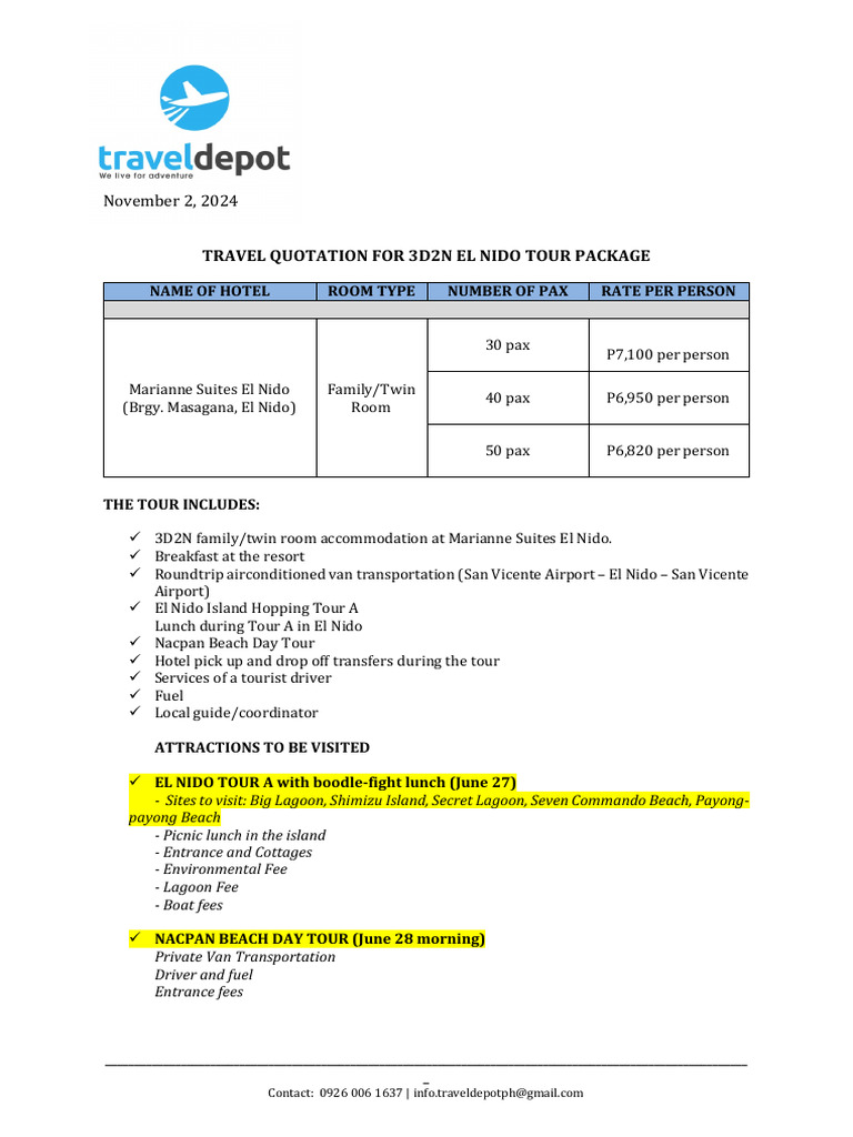 Ms. Raynilda Baoy and Co. - 3D2N El Nido Tour Package | PDF