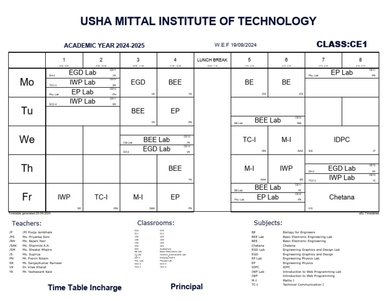 First Year Odd Sem Class Timetable 2024-25-3 | PDF | Physical Sciences | Engineering