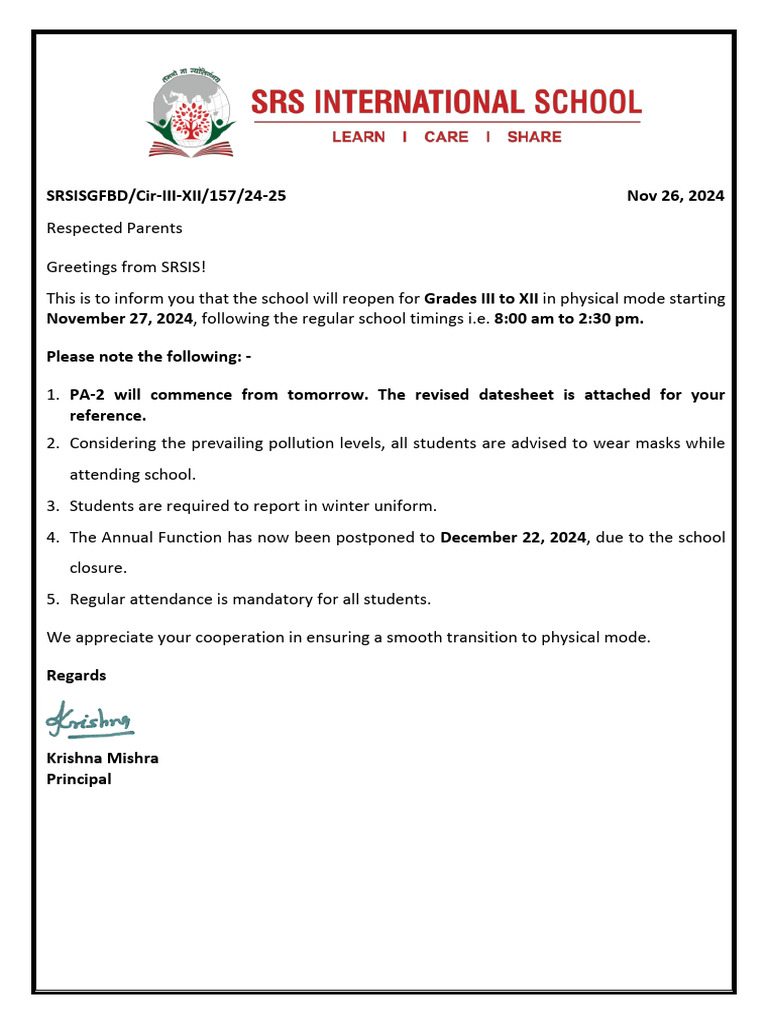 Circular-157-Offline Classes III-XII-Nov 26, 2024-MP | PDF