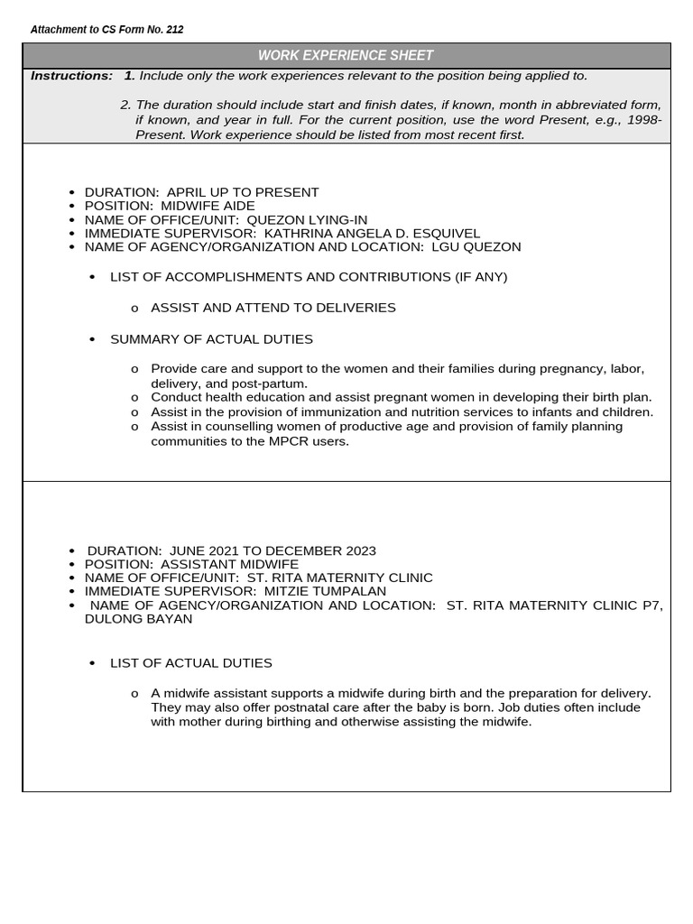 CS Form No. 212 Attachment - Work Experience Sheet | PDF | Childbirth ...