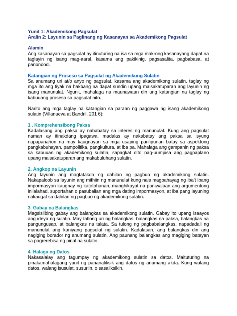Aralin 1. 2 Layunin Sa Paglinang NG Kasanayan Sa Akademikong Pagsulat | PDF