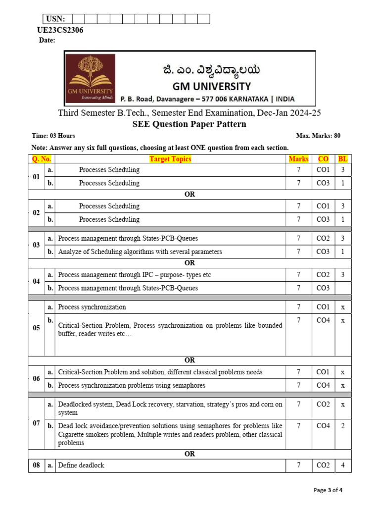 UE23CS2306 - Question Paper Pattern - OS | PDF | Computer Engineering ...