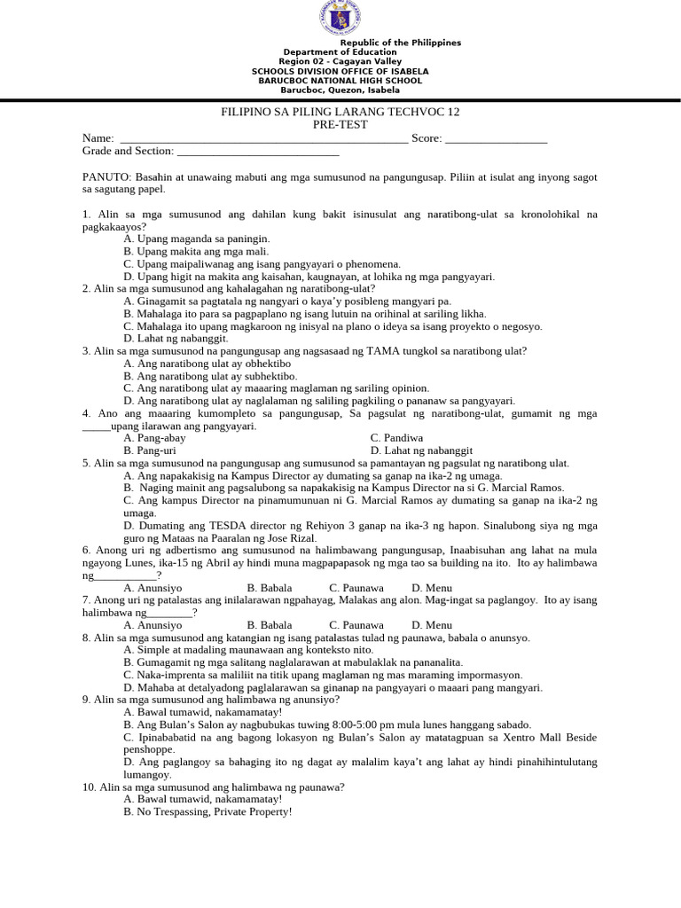 Catch-Up Pre-Test Fpl-Techvoc 2024 | PDF