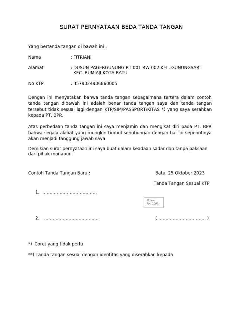 Surat Pernyataan Beda TTD | PDF