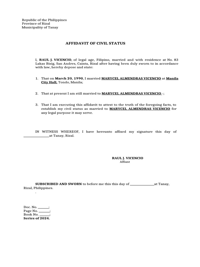 Affidavit of Civil Status Sample | PDF