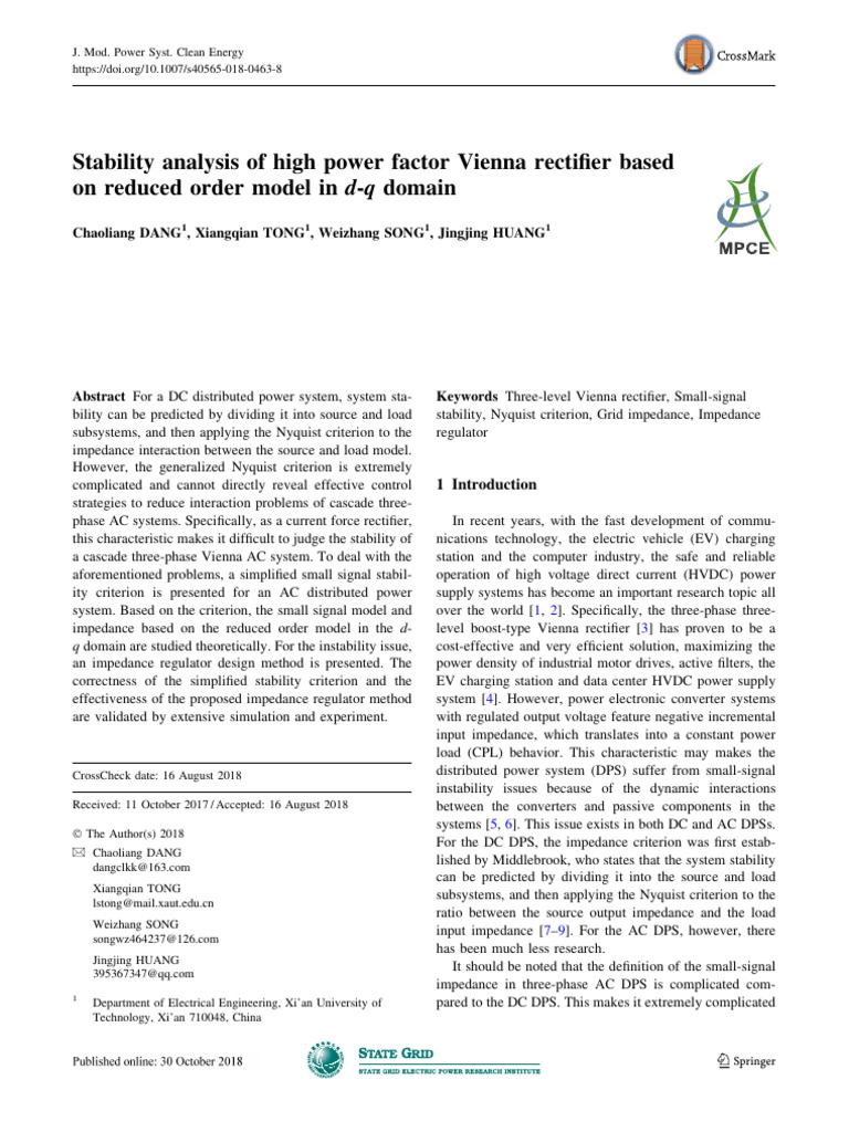 Stability Analysis of High Power Factor Vienna Rectifier Based On Reduced Order Model in D-Q ...