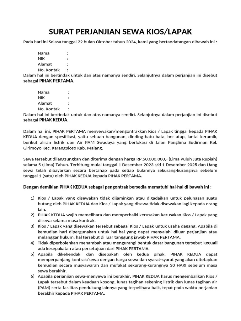 Surat Perjanjian Sewa Kios Bakso | PDF