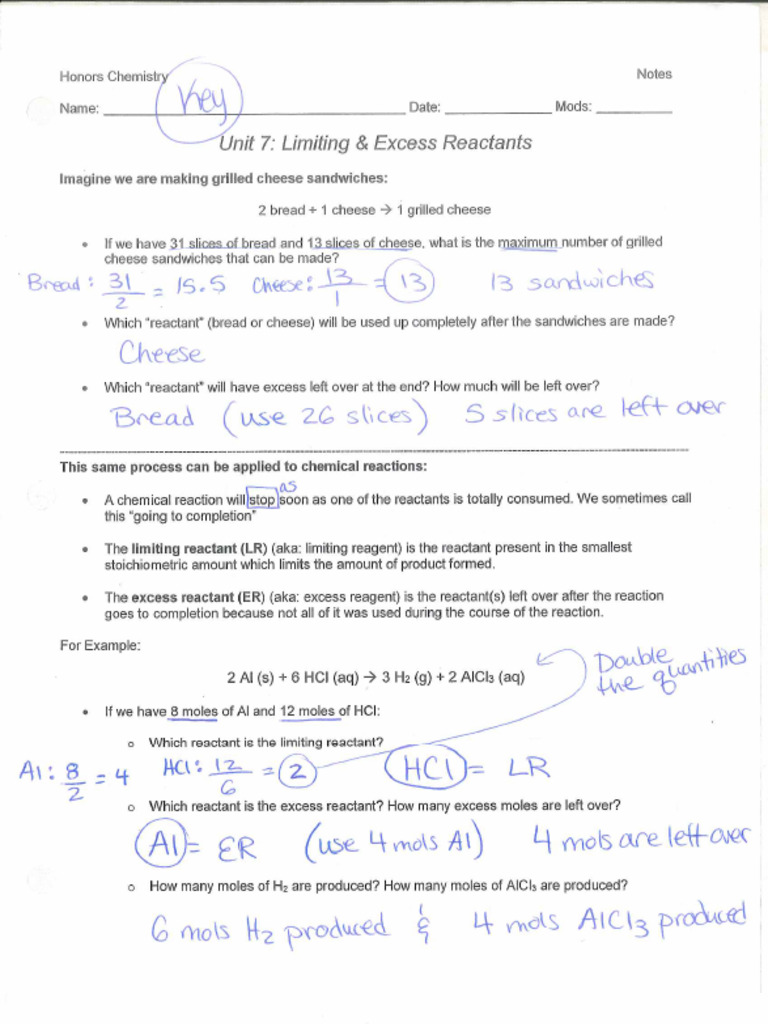 Limiting Reactant Notes Key | PDF