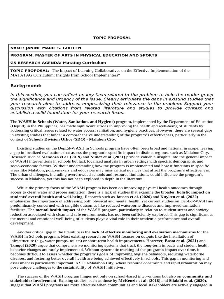 Topic Proposal - Wash in School | PDF | Wash