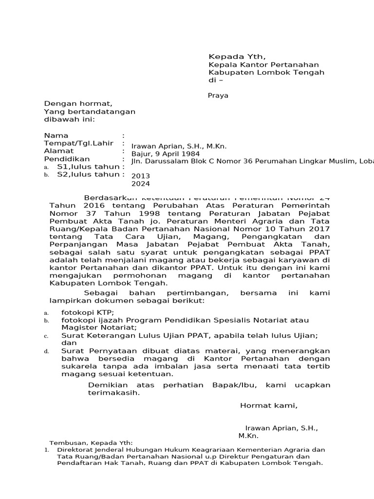 Permohonan Magang Irawan Aprian | PDF