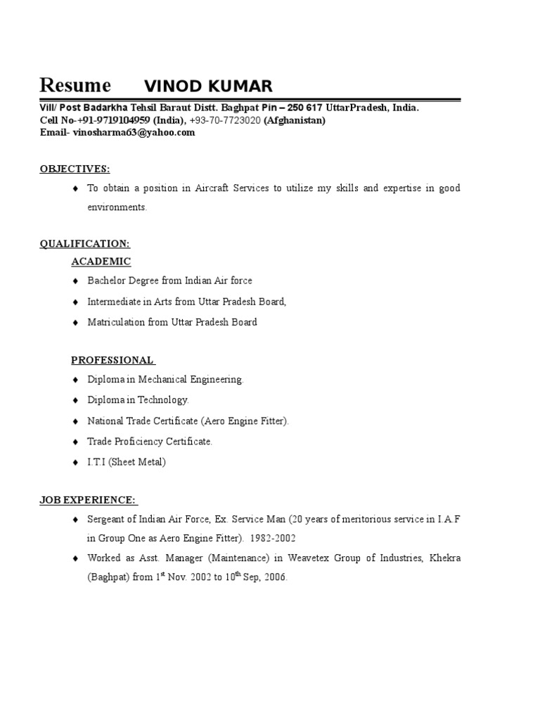 Resume of Vinod | PDF | Mechanical Engineering | Aviation