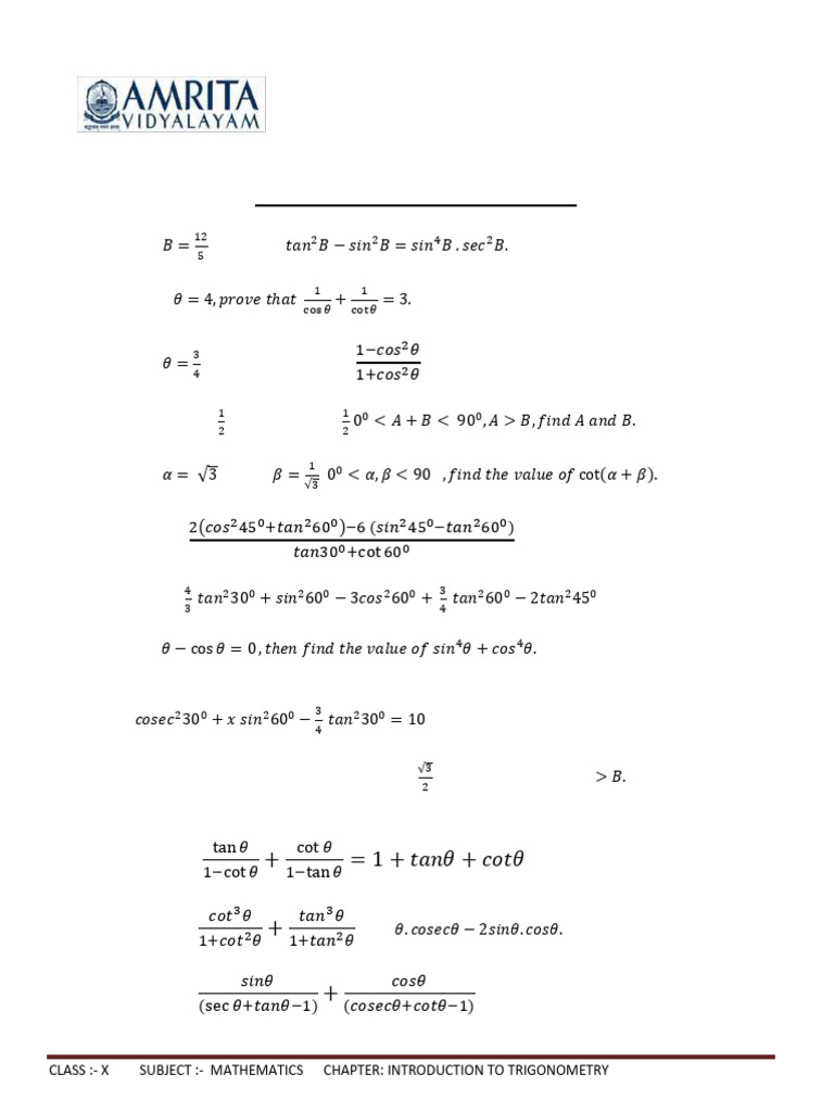 Worksheet Trigonometryclass 10 Pdf
