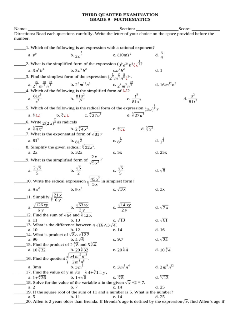 Grade 9 Mathematics Exam Questions | PDF | Rectangle | Elementary Geometry