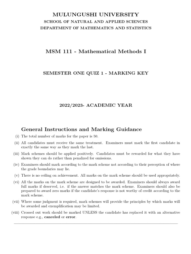 MSM 111 - Pre-Calculus- Quaz 1 -Marking Key-1 (1) | PDF
