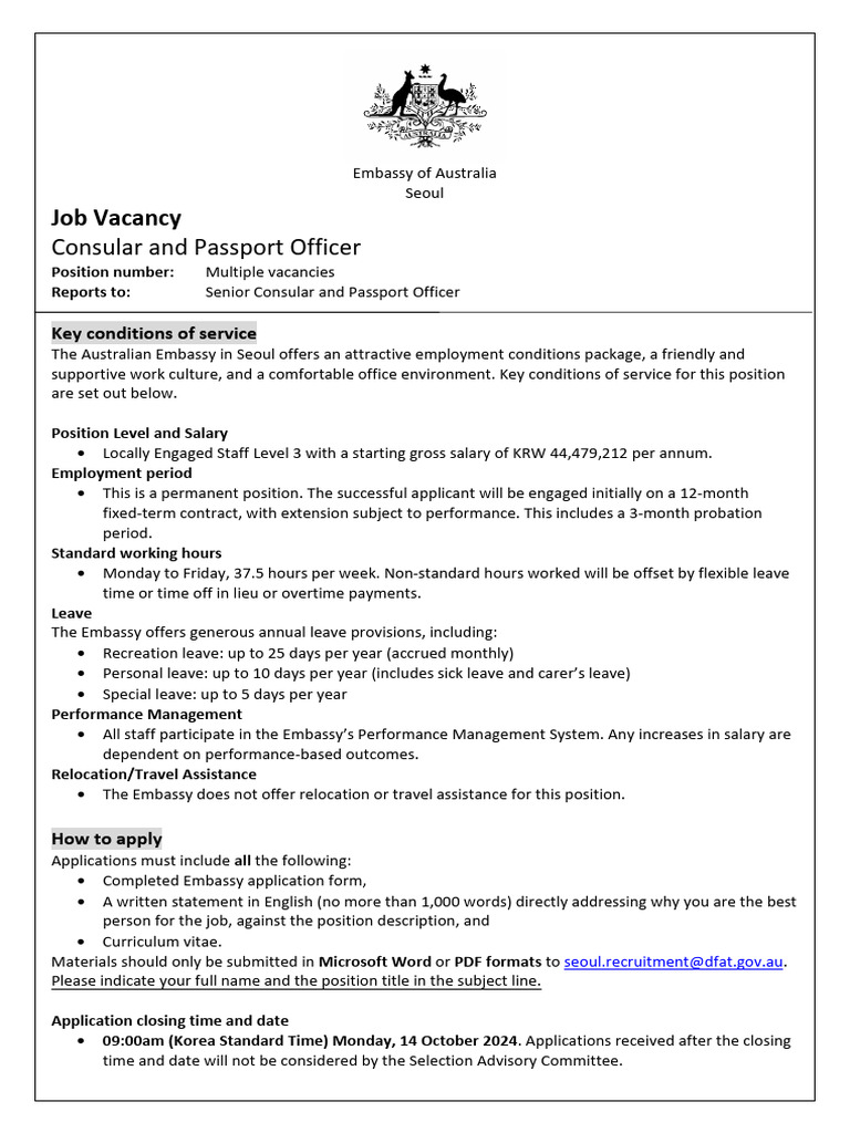 Consular and Passport Officer Job Vacancy - Fact Sheet - Position ...