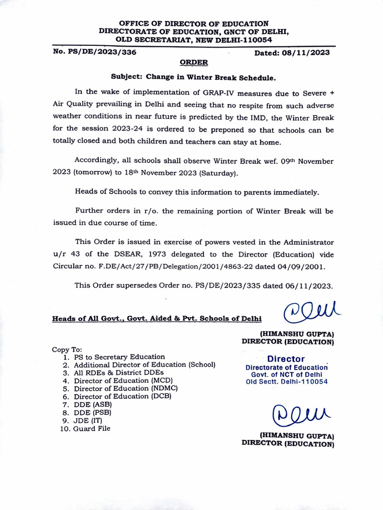 Winter Break Schedule For All Govt.,Aided Pvt. Schools of Delhi | PDF