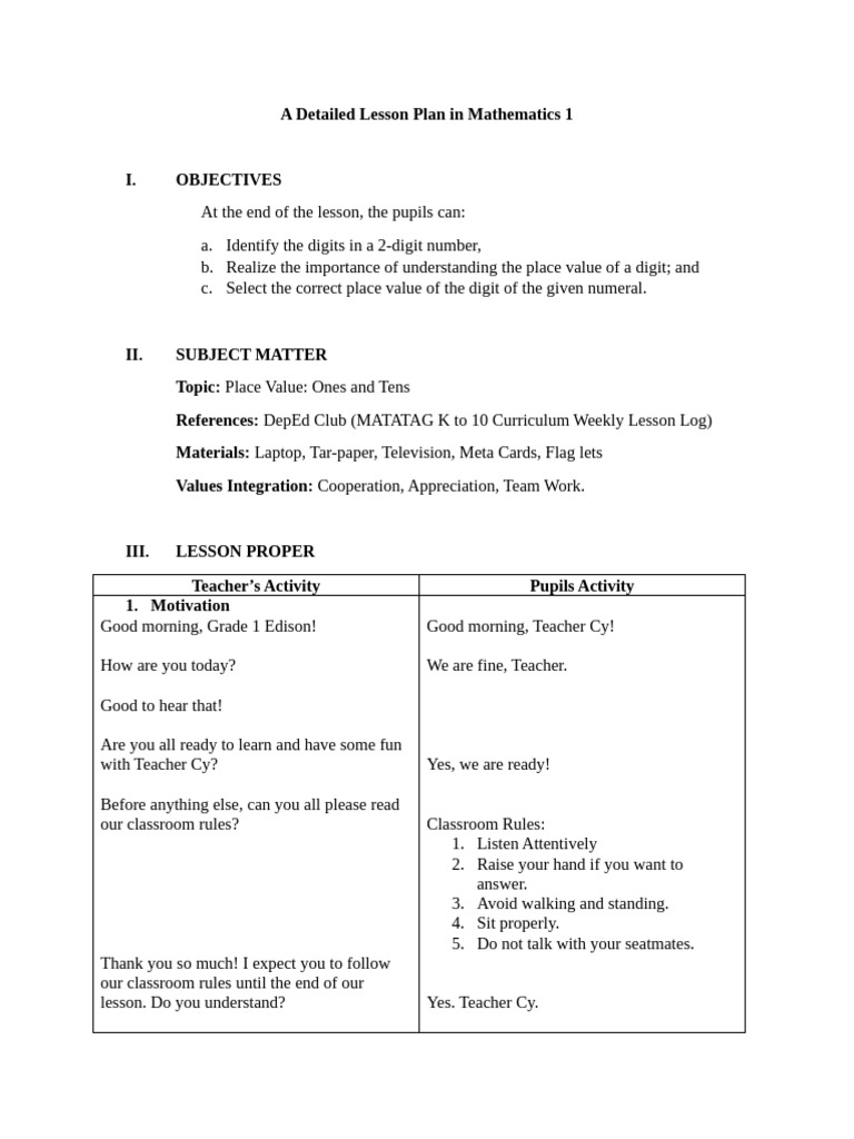 Grade 1 Math Lesson Plan: Place Value | PDF | Teachers | Lesson Plan