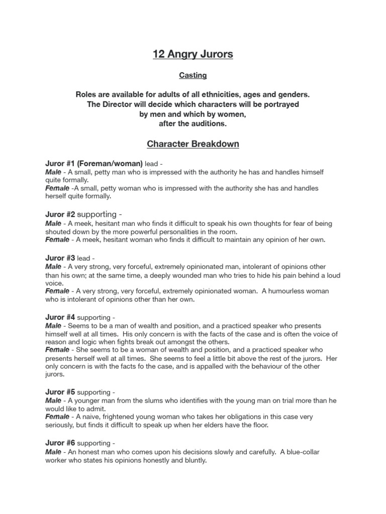 Twelve Angry Jurors Character Breakdown | PDF