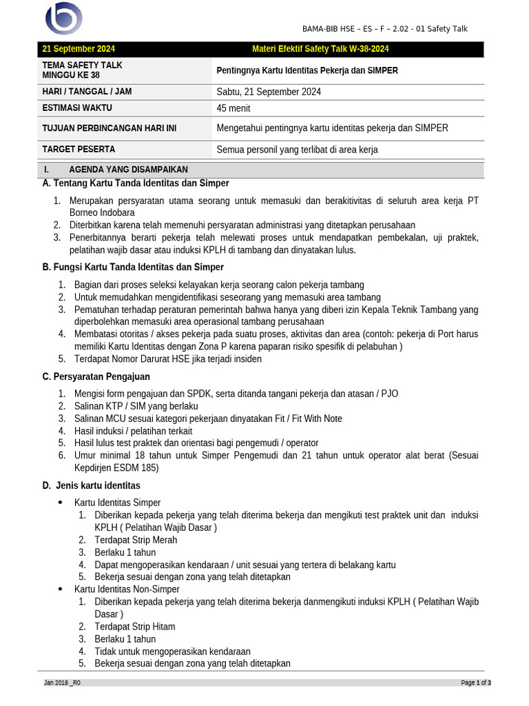 Materi Safety Talk Week 38 2024 (ID & SIMPER) | PDF