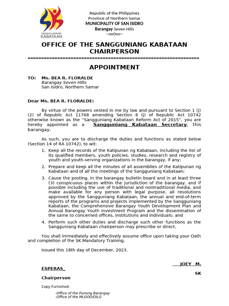 Appointment-SK-Secretary (Brgy. Seven Hills) | PDF | Justice | Crime ...